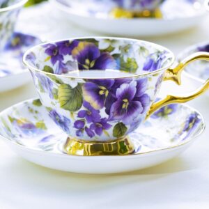 Grace Teaware Purple Pansy Gold Bone China Tea Cup and Saucer with Gold Trim