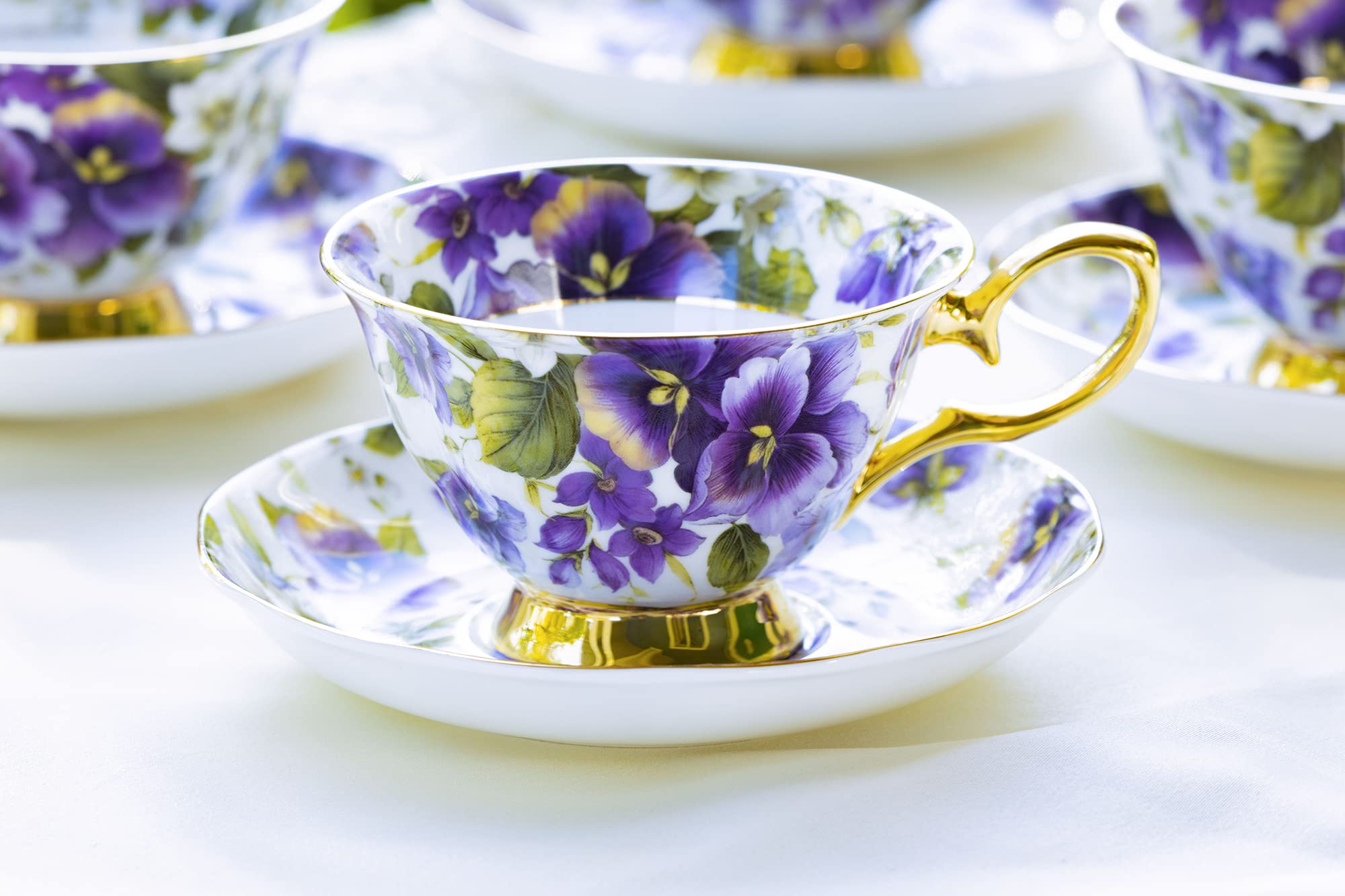 Grace Teaware Purple Pansy Gold Bone China Tea Cup and Saucer with Gold Trim