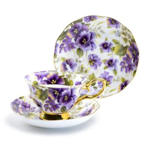 Grace Teaware Purple Pansy Gold Bone China Tea Cup and Saucer with Gold Trim