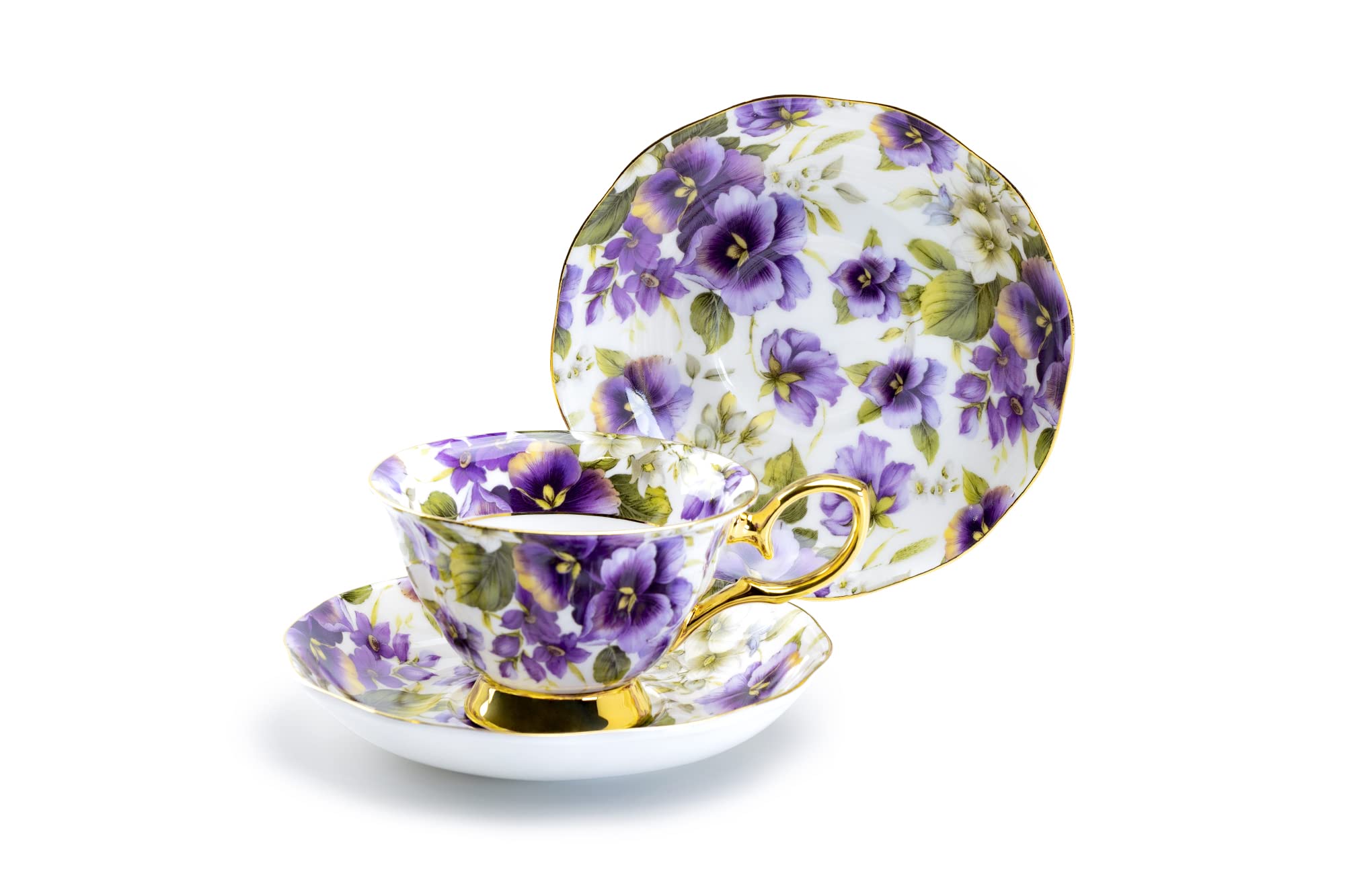 Grace Teaware Purple Pansy Gold Bone China Tea Cup and Saucer with Gold Trim