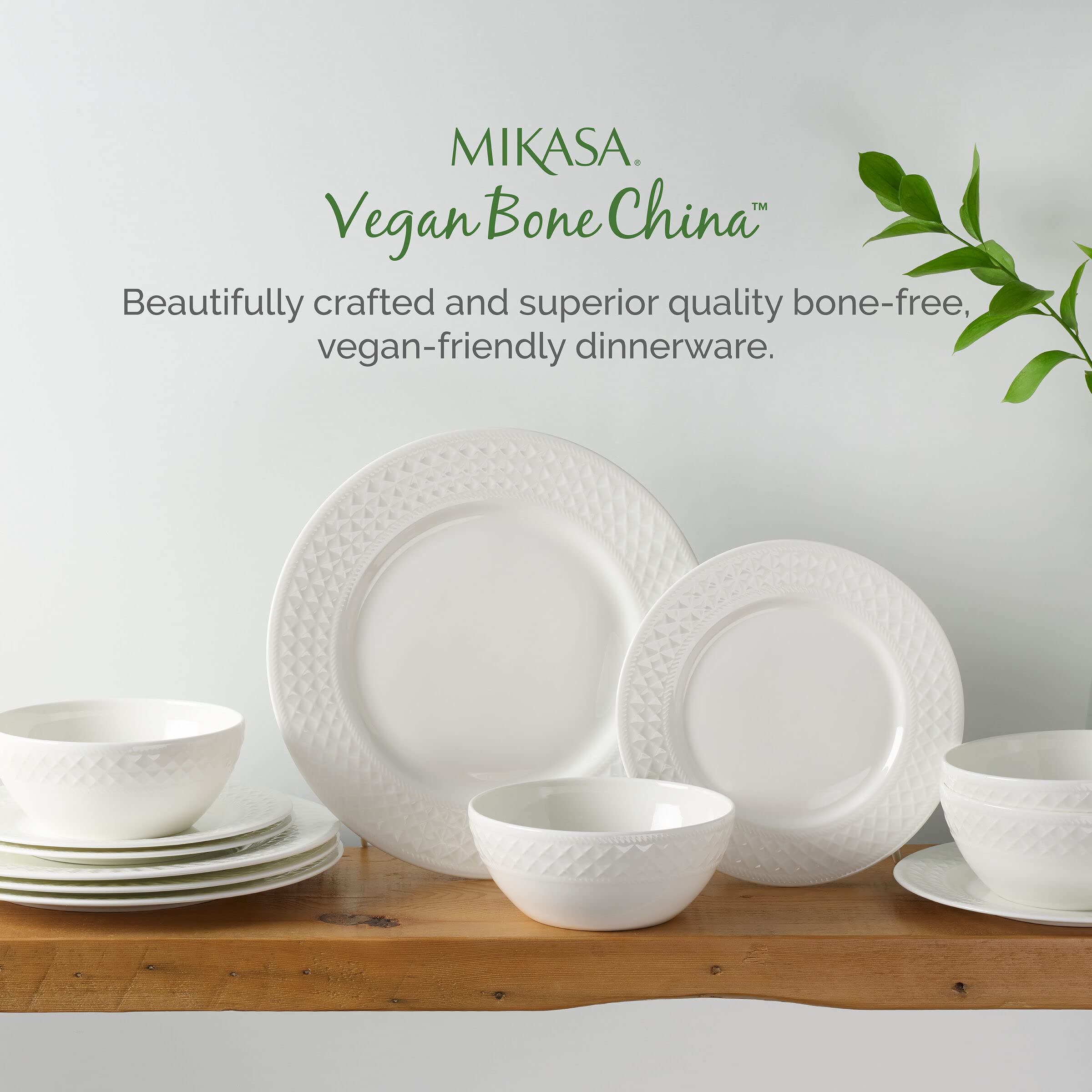 Mikasa Patterson Vegan Bone China Chip Resistant 12 Piece Dinnerware Set, White, Ashlyn, Service for 4