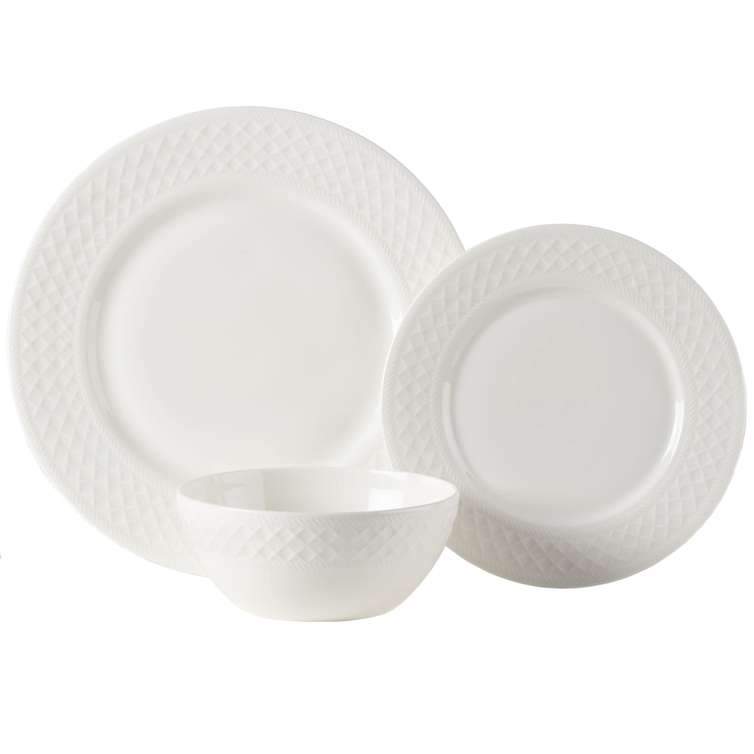 Mikasa Patterson Vegan Bone China Chip Resistant 12 Piece Dinnerware Set, White, Ashlyn, Service for 4