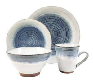 sango talia 16-piece stoneware dinnerware set with round plates, bowls, and mugs, dusk blue