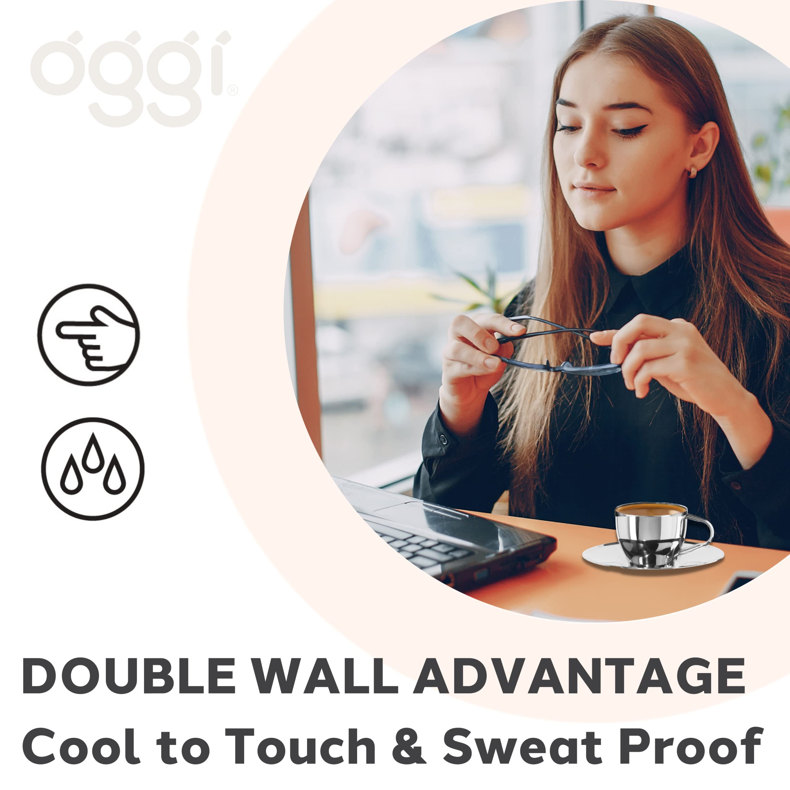 Oggi Insulated Espresso Cup 4oz - Saucer Included - Dual Wall Stainless Steel Technology Coffee Cup with Elegant Mirror Finish