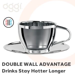 Oggi Insulated Espresso Cup 4oz - Saucer Included - Dual Wall Stainless Steel Technology Coffee Cup with Elegant Mirror Finish