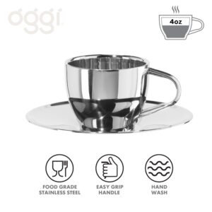 Oggi Insulated Espresso Cup 4oz - Saucer Included - Dual Wall Stainless Steel Technology Coffee Cup with Elegant Mirror Finish