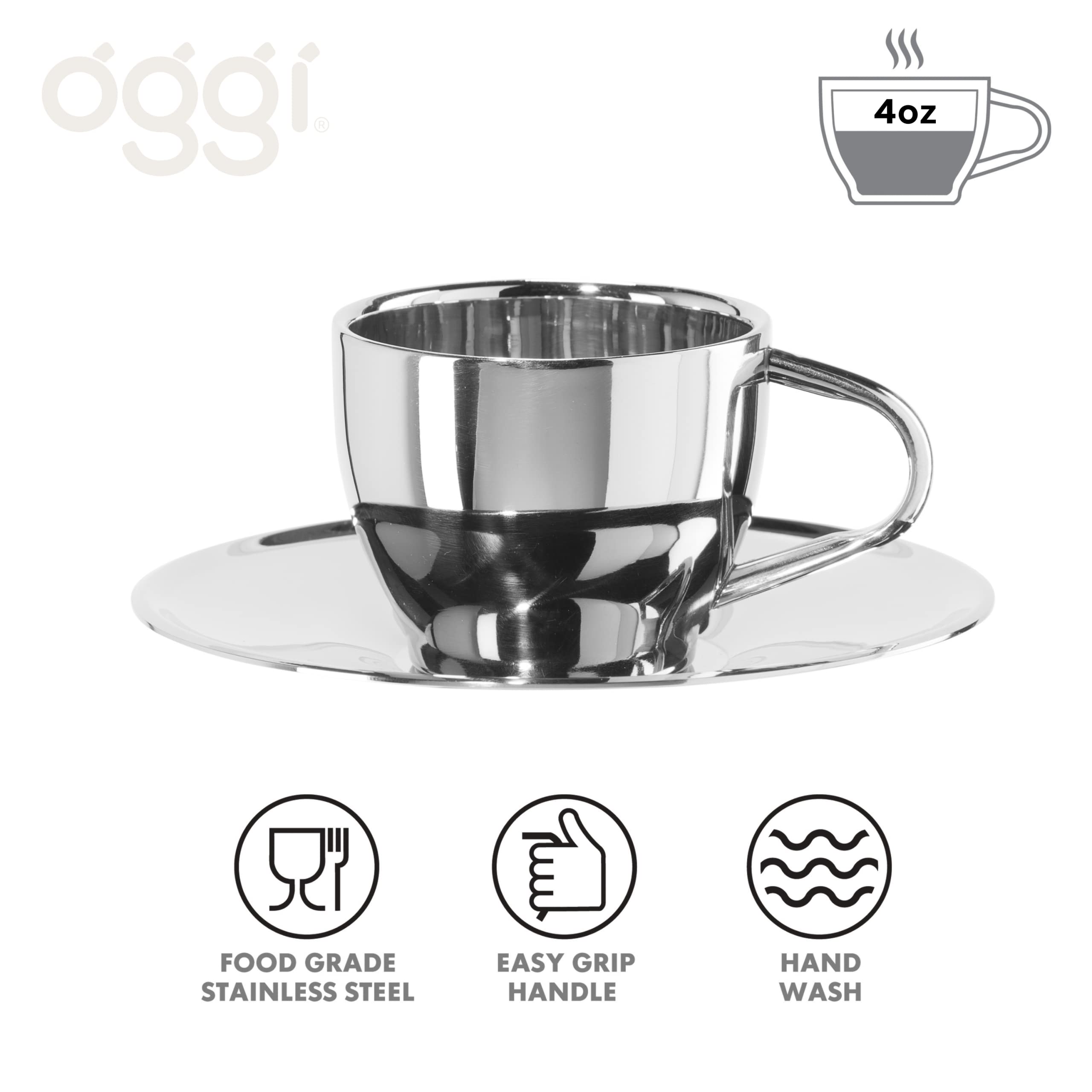 Oggi Insulated Espresso Cup 4oz - Saucer Included - Dual Wall Stainless Steel Technology Coffee Cup with Elegant Mirror Finish