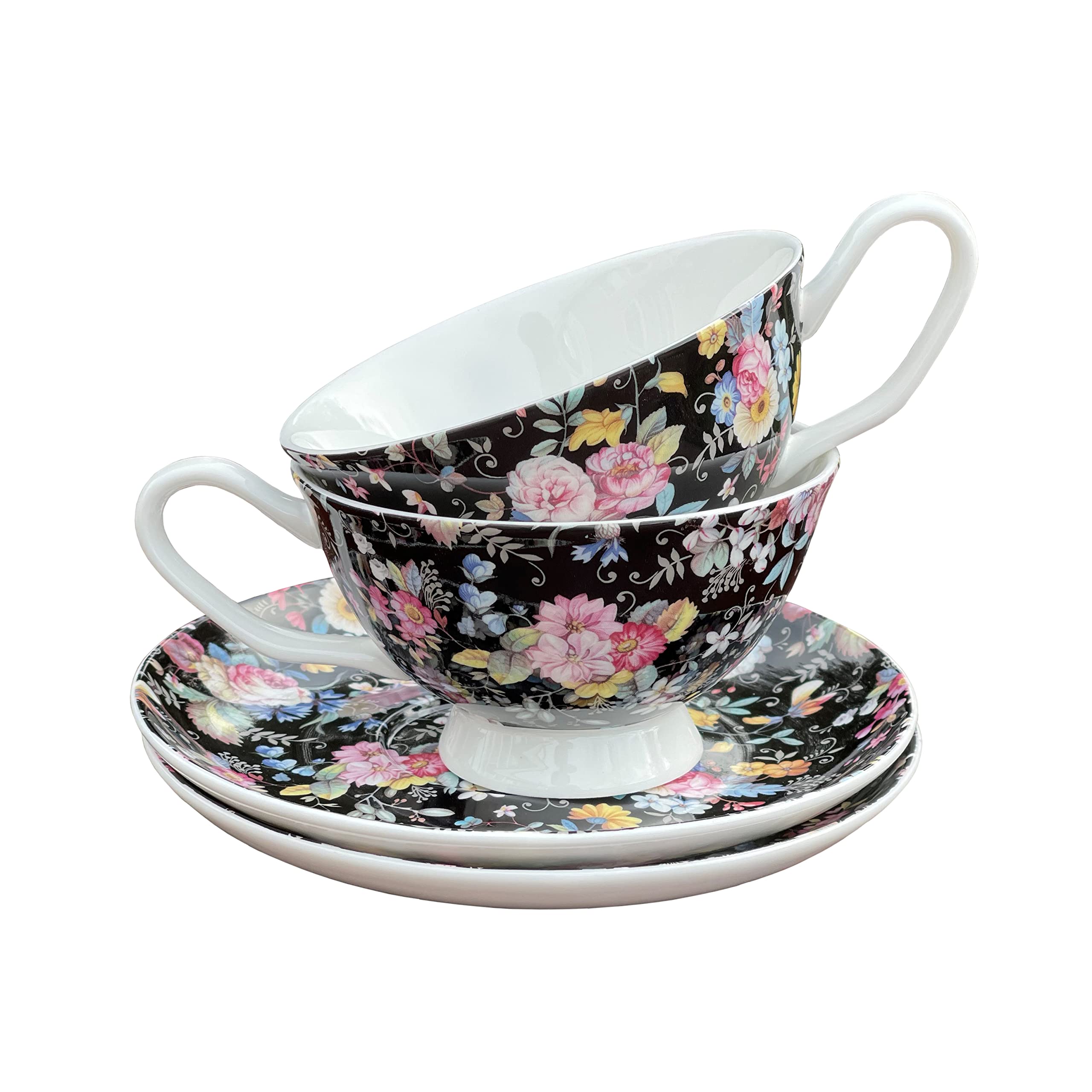 Gracie Bone China Black Petite Rose Teacup And Saucer 8-Ounce (Set of 2)