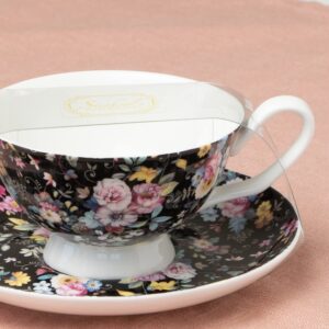 Gracie Bone China Black Petite Rose Teacup And Saucer 8-Ounce (Set of 2)