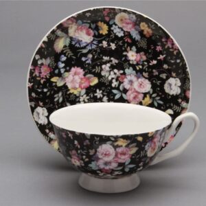 Gracie Bone China Black Petite Rose Teacup And Saucer 8-Ounce (Set of 2)