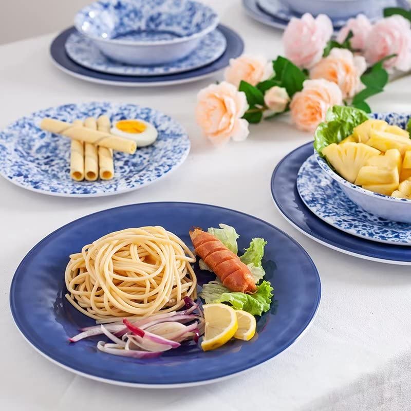 MissYIP Melamine Dinnerware Set, 12 Piece Melamine dishes Service for 4, Floral Plates and Bowls Sets, for Indoor and Outdoor Use, Dishwasher Safe, Lightweight Unbreakable,BPA Free (Blue)