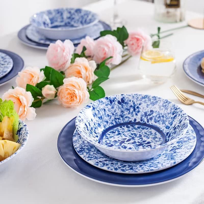 MissYIP Melamine Dinnerware Set, 12 Piece Melamine dishes Service for 4, Floral Plates and Bowls Sets, for Indoor and Outdoor Use, Dishwasher Safe, Lightweight Unbreakable,BPA Free (Blue)