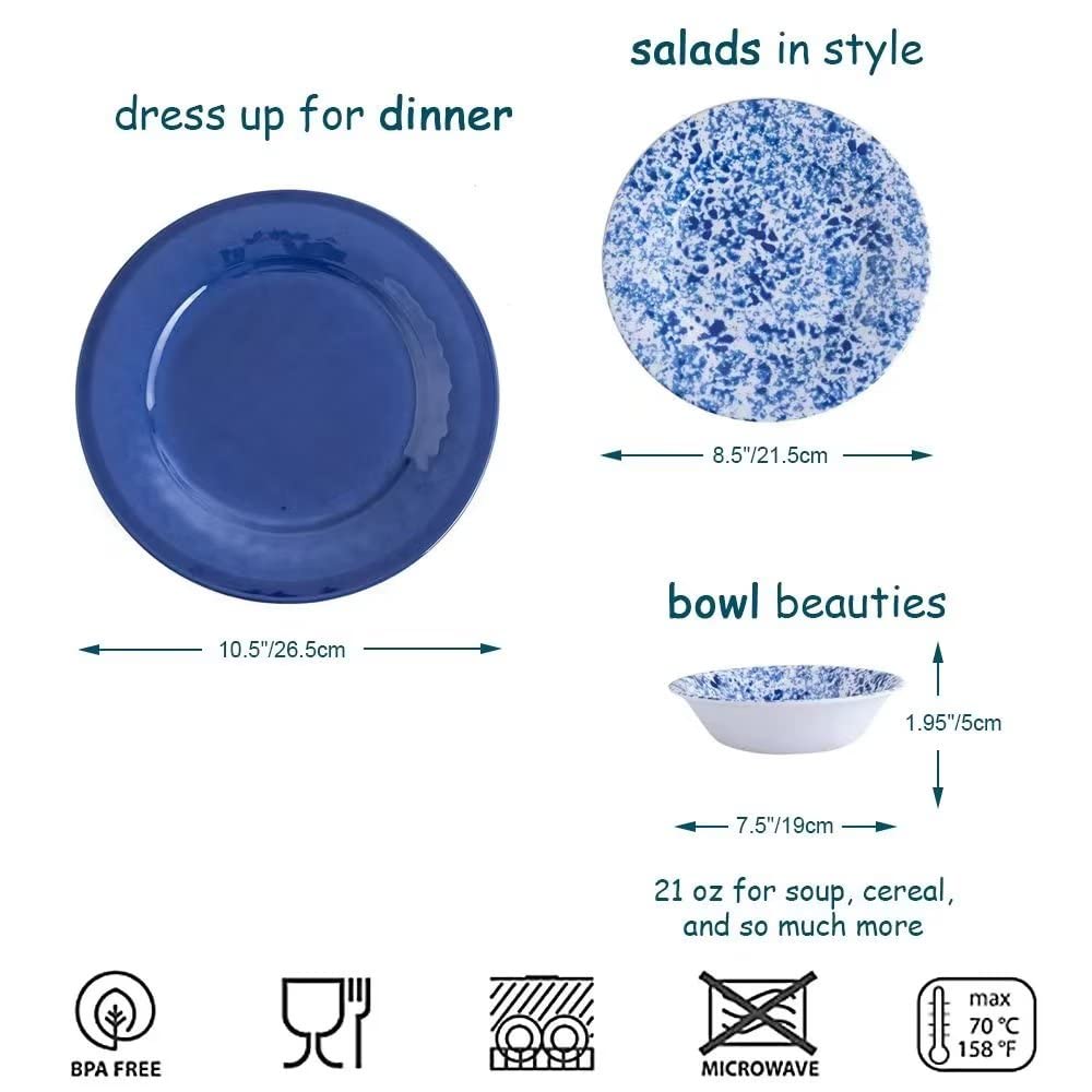 MissYIP Melamine Dinnerware Set, 12 Piece Melamine dishes Service for 4, Floral Plates and Bowls Sets, for Indoor and Outdoor Use, Dishwasher Safe, Lightweight Unbreakable,BPA Free (Blue)