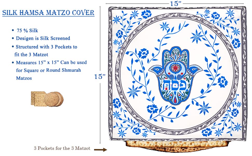 Aviv Judaica Artistic Hamsa Design Silk Passover Matzo Cover & Afikoman Bag Set for the Pesach Seder Passover Decorations