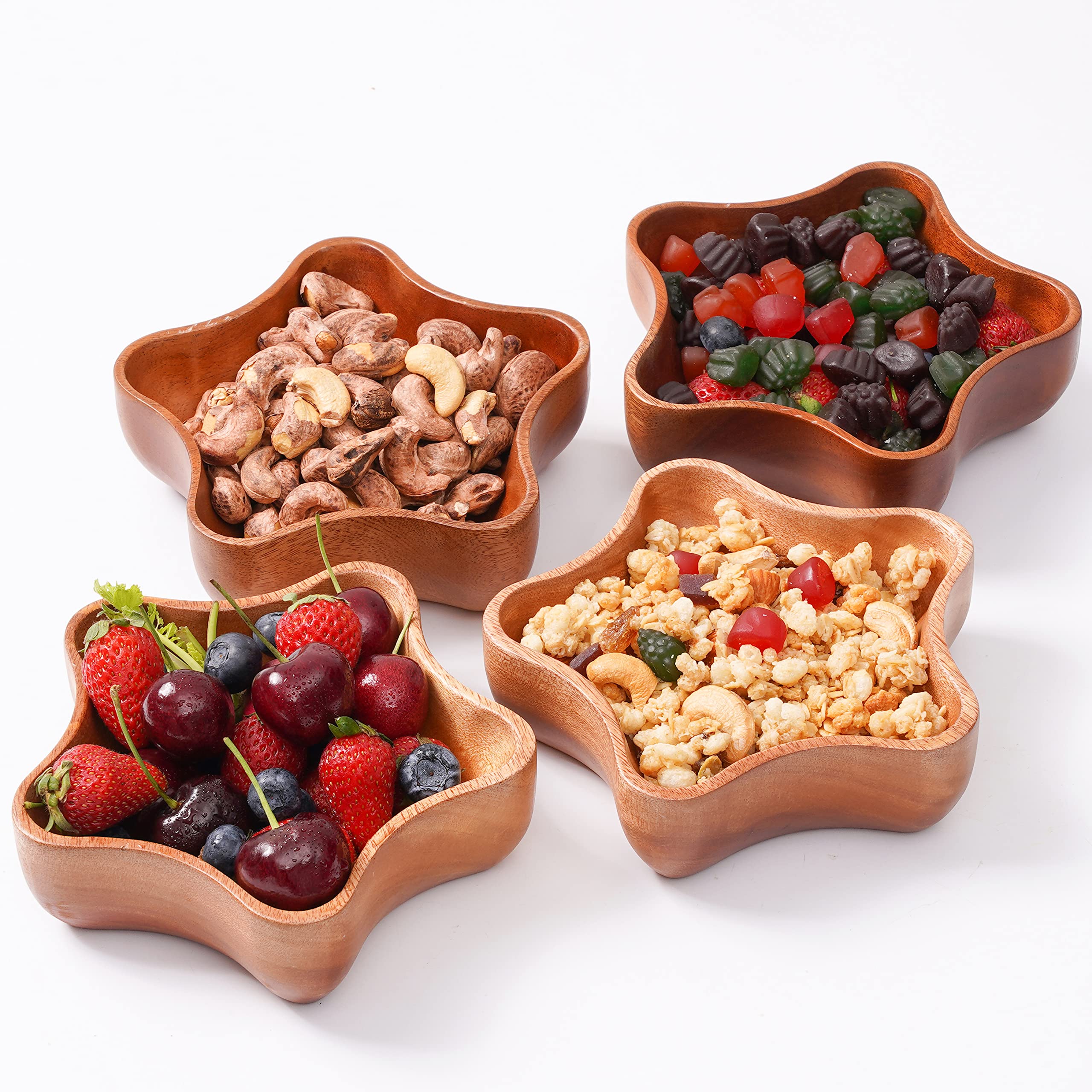 VieWood Wooden Bowls for Food 6 inch Set of 4, Wooden Popcorn Bowl, Trifle Bowl, Decorative Snack Bowls for Fruit, Cereal, Salad, Dessert, Home Decor - Sturdy & Reusable (Star)