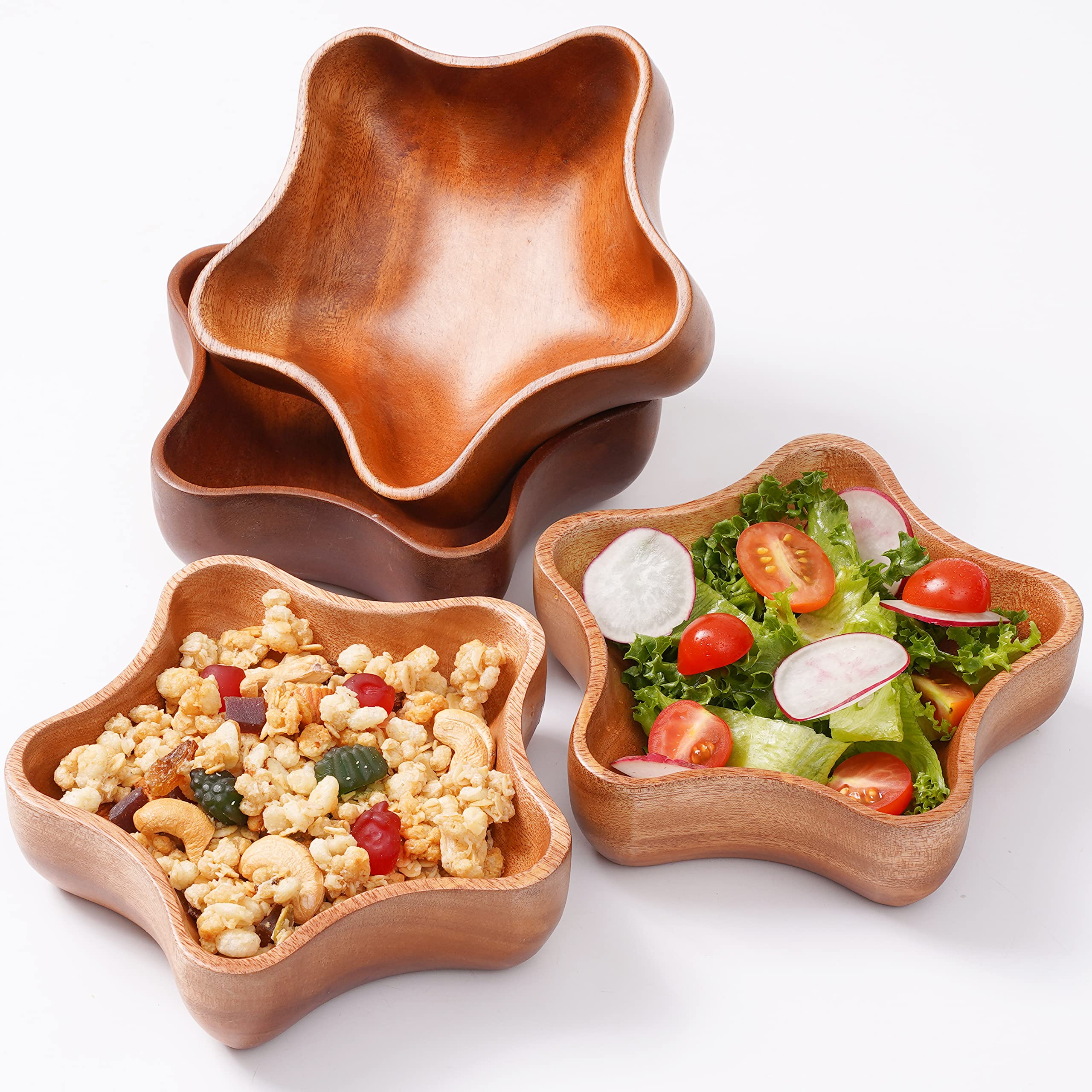 VieWood Wooden Bowls for Food 6 inch Set of 4, Wooden Popcorn Bowl, Trifle Bowl, Decorative Snack Bowls for Fruit, Cereal, Salad, Dessert, Home Decor - Sturdy & Reusable (Star)