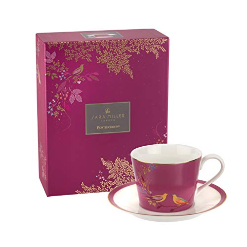 Portmeirion Sara Miller London Chelsea Teacup and Saucer, Pink | 8 Oz Cup for Drinking Tea and Coffee | Made from Fine China with Gold Detail | Handwash Only