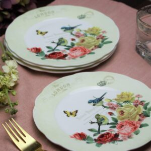 Gracie Bone China by Coastline Imports Rose Butterfly Bird 7.5-Inch Set of 4 Bone China Dessert Plates Diameter, Yellow, Pink, White