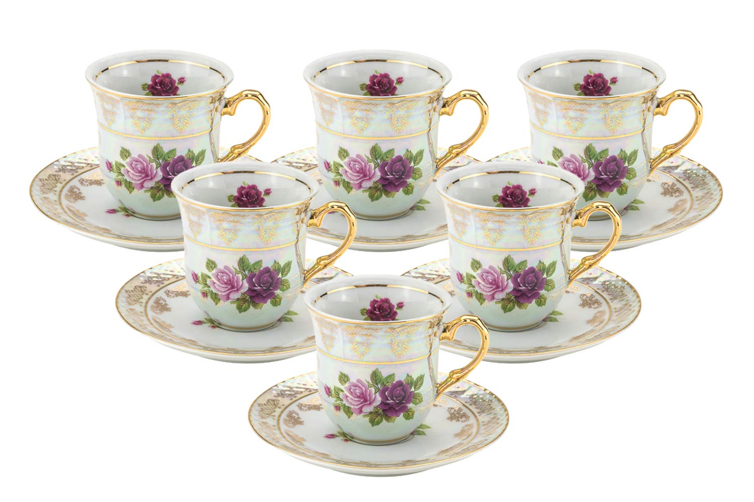 Royalty Porcelain 12pc Espresso Coffee, Cups 3 Oz and Saucers, Iridescent Vintage Pattern