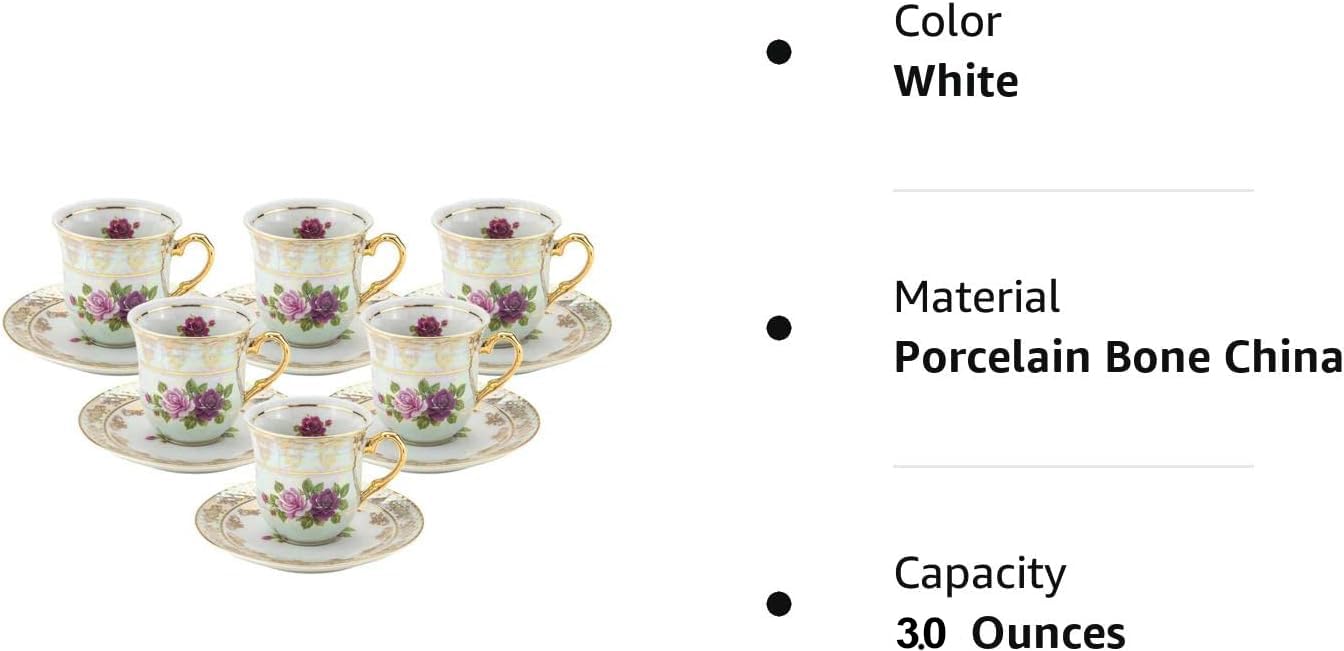 Royalty Porcelain 12pc Espresso Coffee, Cups 3 Oz and Saucers, Iridescent Vintage Pattern