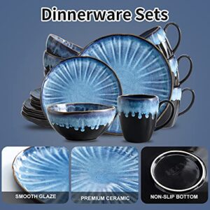 KOOV Ceramic Dinnerware Sets of 16, Plates and Bowls Sets for 4, Dish Set with Dinner Plates, Dessert Plates, Microwave and Dishwasher Safe, Bowls and Cups for Party, Reactive Glaze (Variable Blue)