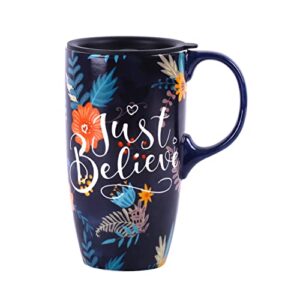 dusvally ceramic travel mug with handle, splash-resistant slider lid, ceramic coffee mug for office and home, microwave & dishwasher safe, just believe flower