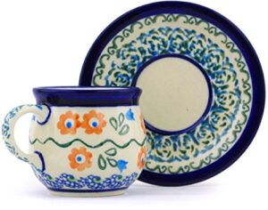 polish pottery espresso cup with saucer 3 oz (tulip vines theme)