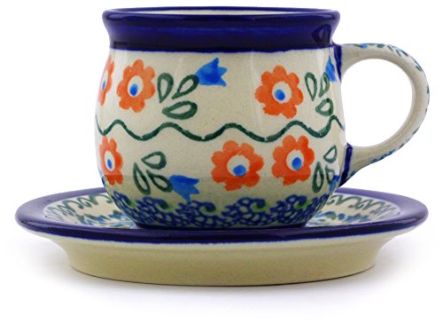 Polish Pottery Espresso Cup with Saucer 3 oz (Tulip Vines Theme)