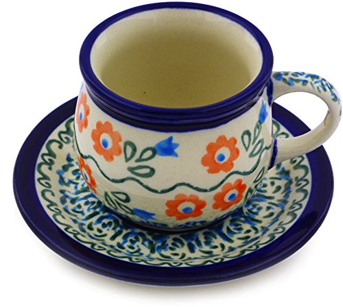 Polish Pottery Espresso Cup with Saucer 3 oz (Tulip Vines Theme)