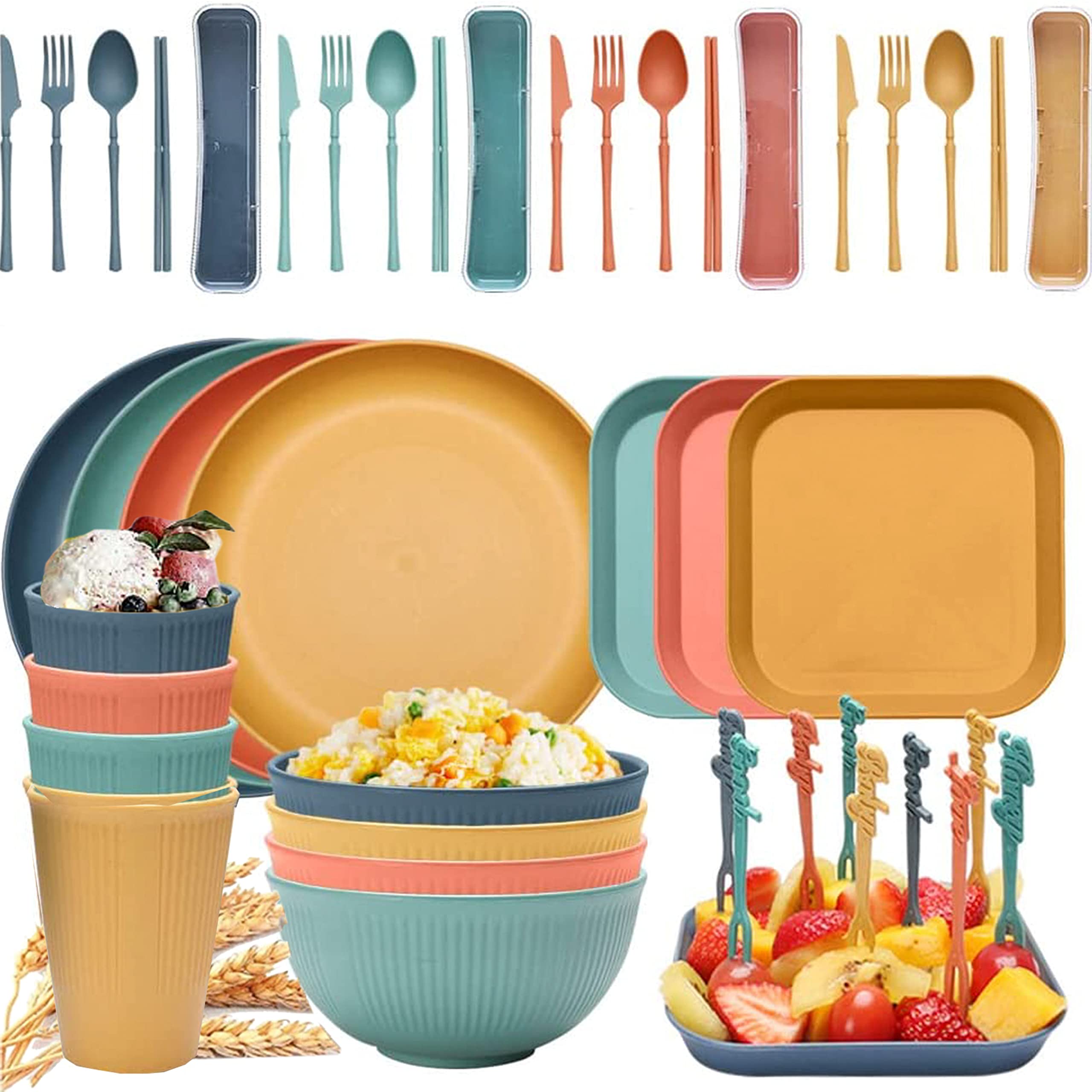 Wheat straw dinnerware sets 48Pcs,Unbreakable DinnerwareSet,Reusable Dishware Sets with Plates, Cups, Knives, Forks and Spoons,Lightweight Camping Dishes,Dishwasher Microwave Safe, for Kitchen Picnic