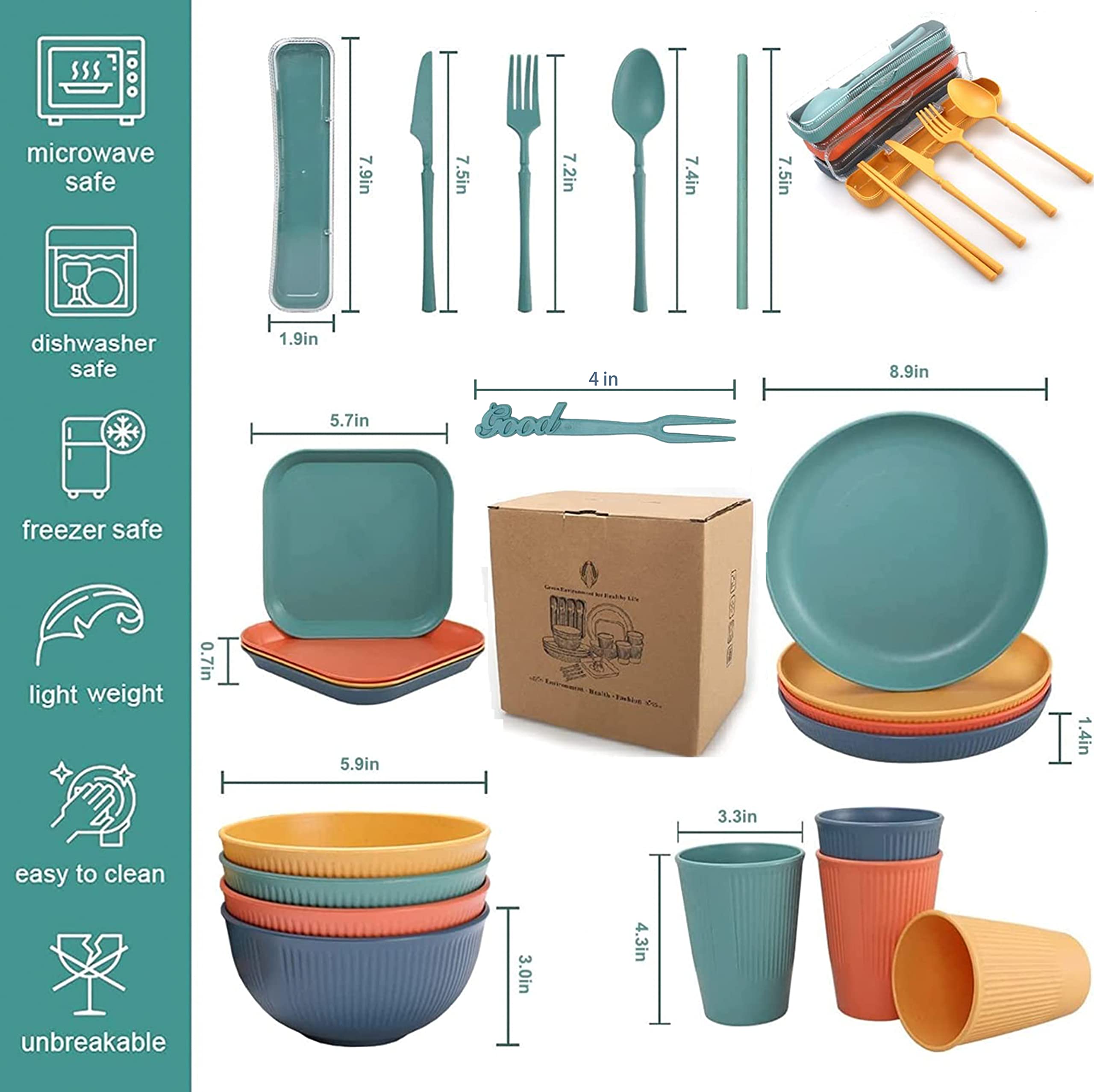 Wheat straw dinnerware sets 48Pcs,Unbreakable DinnerwareSet,Reusable Dishware Sets with Plates, Cups, Knives, Forks and Spoons,Lightweight Camping Dishes,Dishwasher Microwave Safe, for Kitchen Picnic