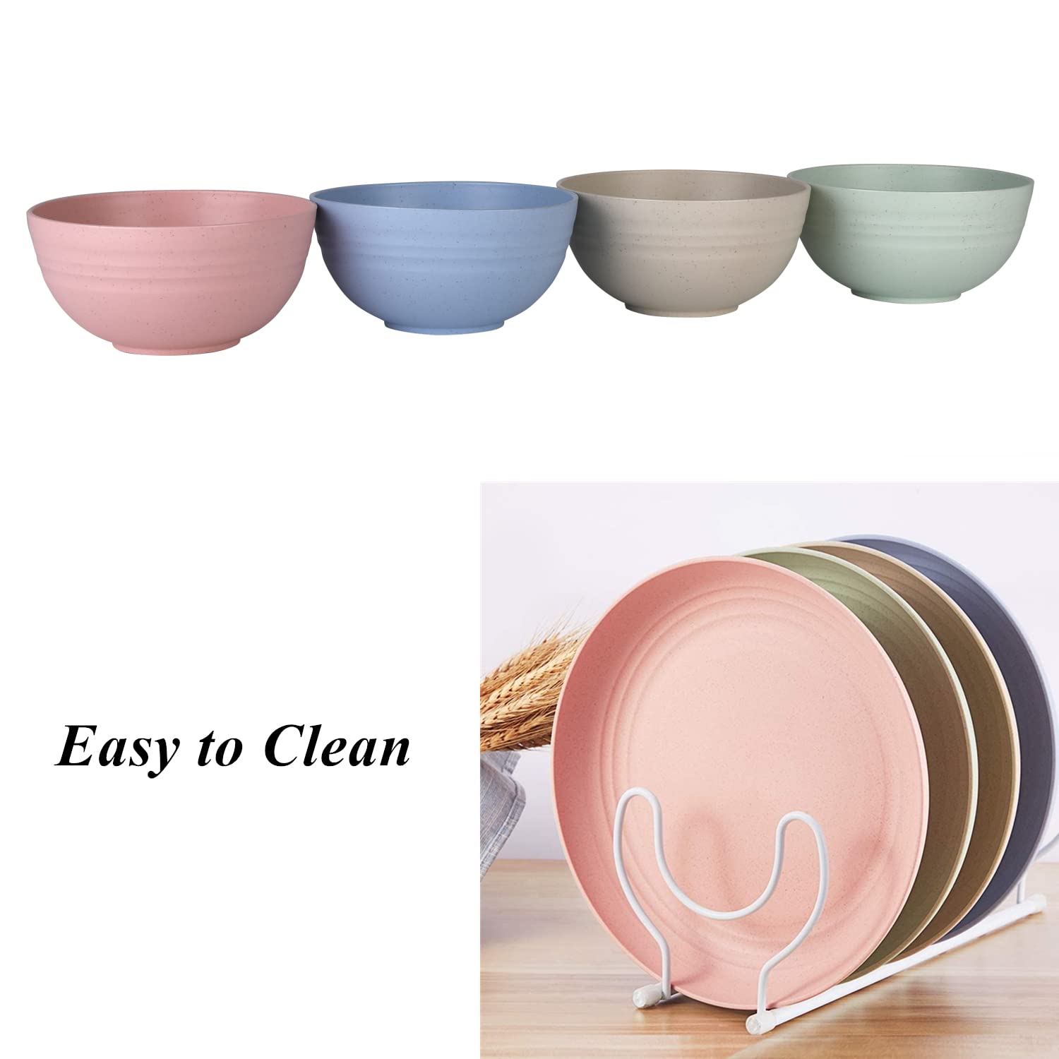 WANBY Lightweight Wheat Straw Cereal Bowls Unbreakable Dinner Dishes Bowl Set Dishwasher & Microwave Safe (4 Pack 26Oz)