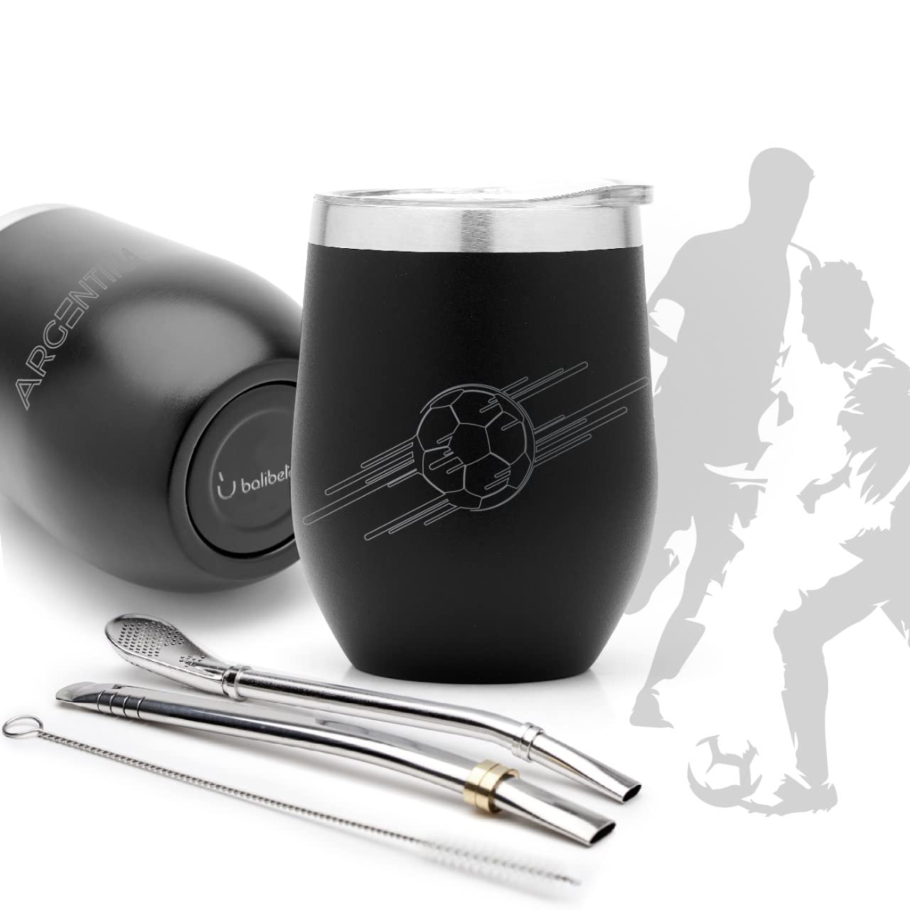 BALIBETOV Modern Mate Cup And Bombilla Set (World Cup Qatar 2022 special edition) - Includes Double Walled 18/8 Stainless Steel Mate Cup, Two Bombilla(Straw) and a Cleaning Brush (8 oz, Black)