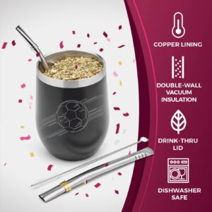 BALIBETOV Modern Mate Cup And Bombilla Set (World Cup Qatar 2022 special edition) - Includes Double Walled 18/8 Stainless Steel Mate Cup, Two Bombilla(Straw) and a Cleaning Brush (8 oz, Black)