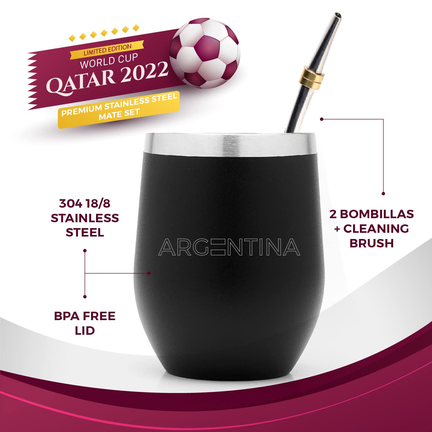 BALIBETOV Modern Mate Cup And Bombilla Set (World Cup Qatar 2022 special edition) - Includes Double Walled 18/8 Stainless Steel Mate Cup, Two Bombilla(Straw) and a Cleaning Brush (8 oz, Black)