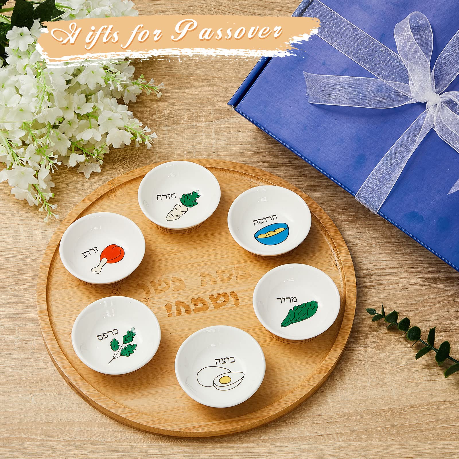 2 Set Seder Plate for Passover Include 2 Bamboo 11" Passover Gift Plate 12 Ceramic Bowls Judaic Passover Seder Plate Set Traditional Passover Plate Seder Plate for Pesach Decor Jewish Gift