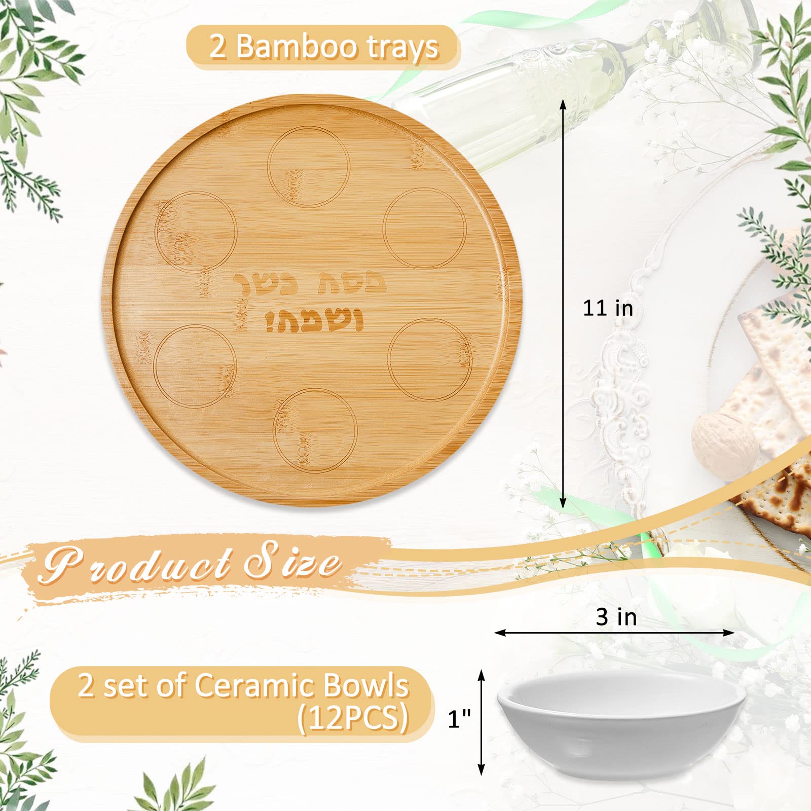 2 Set Seder Plate for Passover Include 2 Bamboo 11" Passover Gift Plate 12 Ceramic Bowls Judaic Passover Seder Plate Set Traditional Passover Plate Seder Plate for Pesach Decor Jewish Gift