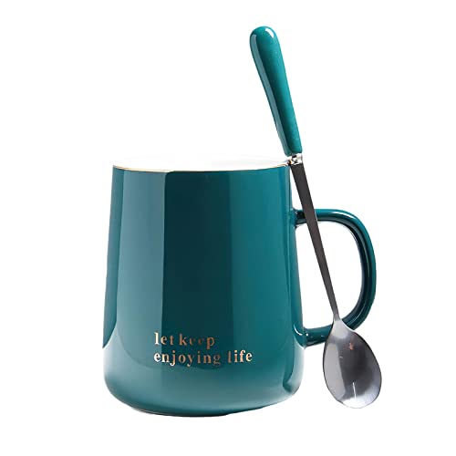 Ceramic Mug Birthday Gifts for Women China Tea Cups with Spoon Coffee Cup Suitable for Making Tea,Cold Drinks,Hot Drinks,Coffee,Etc(Green,14.5oz)