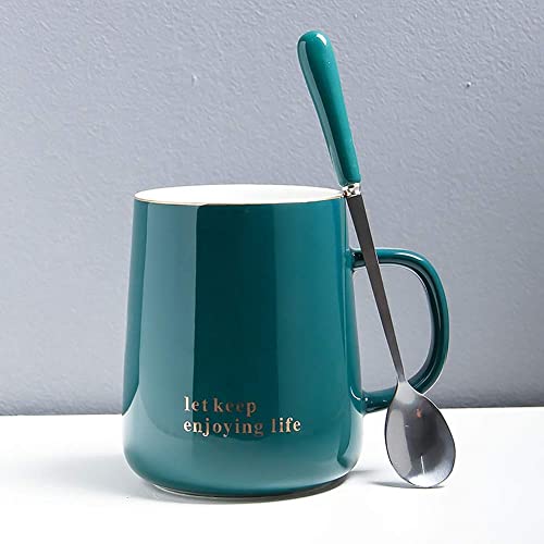 Ceramic Mug Birthday Gifts for Women China Tea Cups with Spoon Coffee Cup Suitable for Making Tea,Cold Drinks,Hot Drinks,Coffee,Etc(Green,14.5oz)