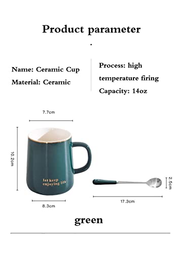 Ceramic Mug Birthday Gifts for Women China Tea Cups with Spoon Coffee Cup Suitable for Making Tea,Cold Drinks,Hot Drinks,Coffee,Etc(Green,14.5oz)