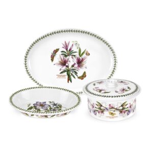 portmeirion botanic garden collection | 3 piece completer set | 11-inch baking dish, 3-pint casserole dish, 15-inch oval serving dish | made from porcelain | dishwasher and oven safe