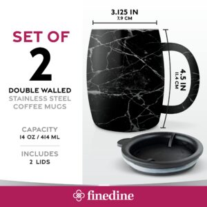 FineDine Double-Wall 18/8 Stainless-Steel Coffee Mugs with Spill-Resistant Lids Insulated Coffee Travel Mug with Comfortable Handle for Hot & Cold Drinks, Shatterproof Coffee Cups, 14 Oz. (Set of 2)