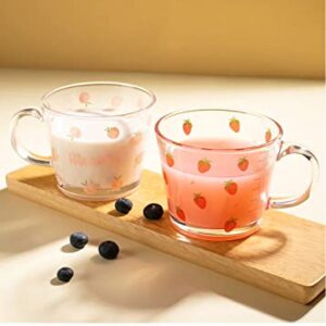 yaocoral 12 OZ Kawaii Mug Peach Glass Cup with Measurements,Glass Coffee Mug Cup with Handle for Coffee,Latte,Juice,Milk,Yogurt,Dessert,Tea,Breakfast Oatmeal Cup(clear 2)