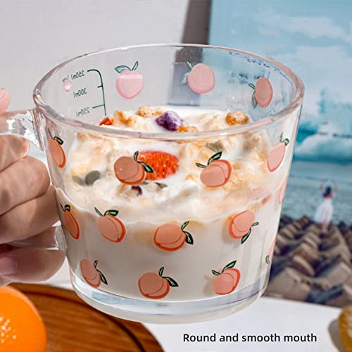 yaocoral 12 OZ Kawaii Mug Peach Glass Cup with Measurements,Glass Coffee Mug Cup with Handle for Coffee,Latte,Juice,Milk,Yogurt,Dessert,Tea,Breakfast Oatmeal Cup(clear 2)