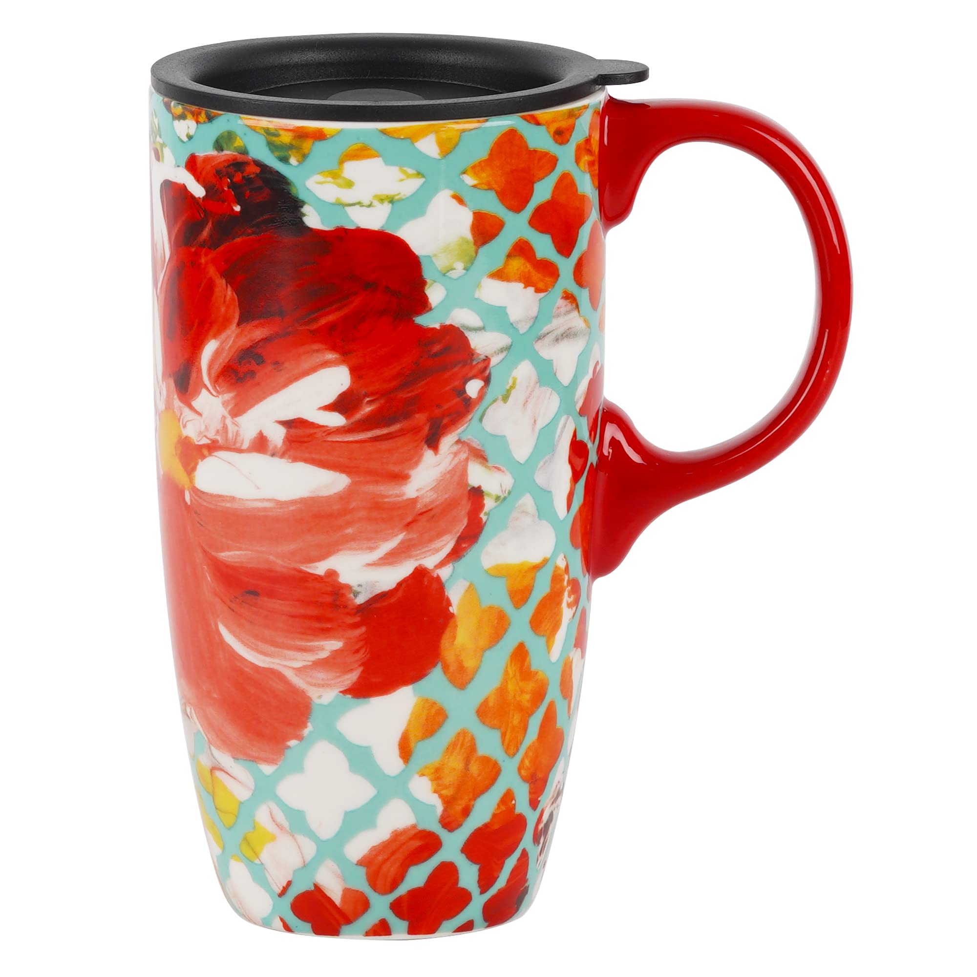 Voltogar Ceramic Mug Travel Coffee Cup with Lid Gift for Home & Office, 17oz Porcelain Tall Tea Cup with Handle, Red Flower & Waffle Mug, 6.5" H