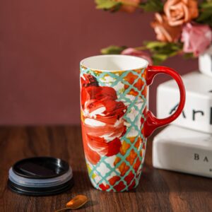 Voltogar Ceramic Mug Travel Coffee Cup with Lid Gift for Home & Office, 17oz Porcelain Tall Tea Cup with Handle, Red Flower & Waffle Mug, 6.5" H