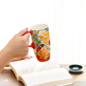 Voltogar Ceramic Mug Travel Coffee Cup with Lid Gift for Home & Office, 17oz Porcelain Tall Tea Cup with Handle, Red Flower & Waffle Mug, 6.5" H