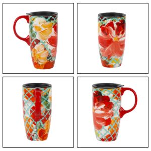 Voltogar Ceramic Mug Travel Coffee Cup with Lid Gift for Home & Office, 17oz Porcelain Tall Tea Cup with Handle, Red Flower & Waffle Mug, 6.5" H