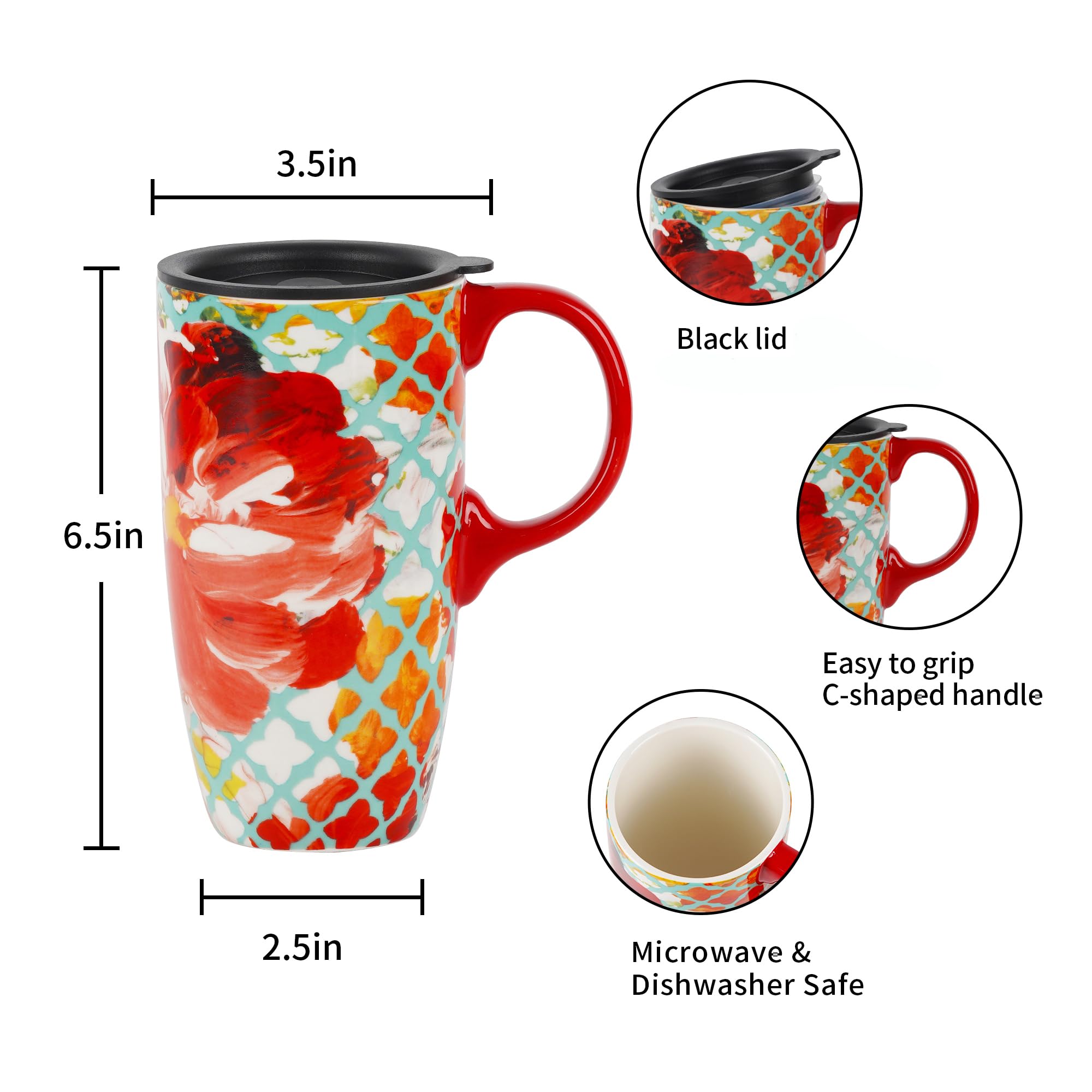 Voltogar Ceramic Mug Travel Coffee Cup with Lid Gift for Home & Office, 17oz Porcelain Tall Tea Cup with Handle, Red Flower & Waffle Mug, 6.5" H