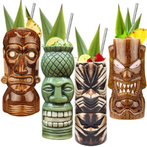 tiki glasses for cocktails tiki mugs set of 4 ceramic tiki party cups bar decor creative tiki mug set large hawaiian tiki drinking decorations vintage tropical drinkware barware 4 packs